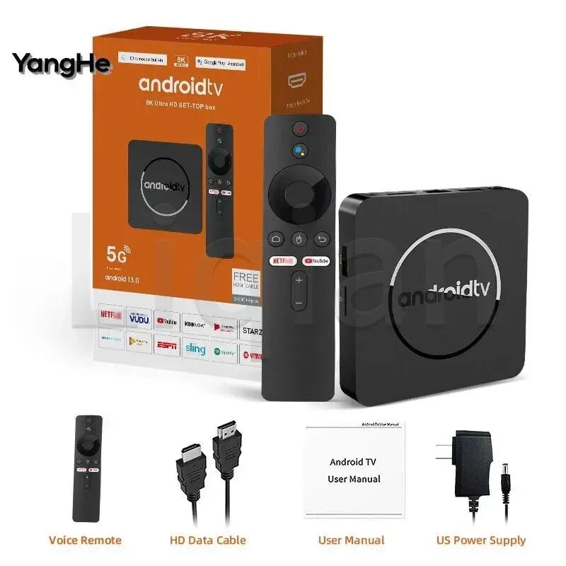 Android TV Q1 H313 Android 14.0 Сетевой ТВ-приставкой 4K Приставка ТВ BOX 8/128 ГБ +бесплатное телевидение и кинотеатр, Bluetooth пульт