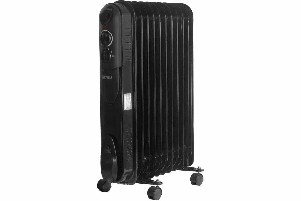 Масляный радиатор Ресанта ОМПТ-12НЧ 67/3/15, черный, механический, напольный, 11 секций