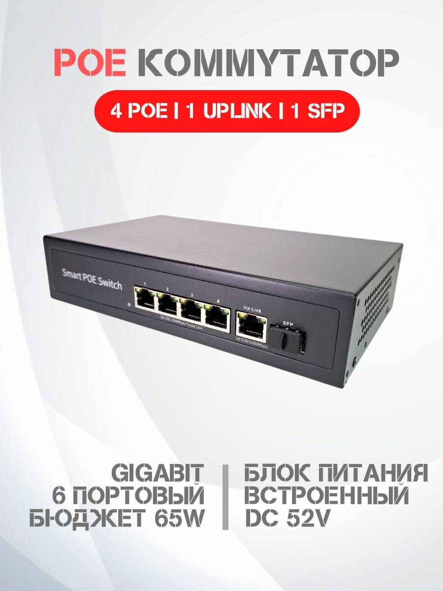 РoЕ коммутатор гигабитный 4 PoE, 1 Uplink, 1 SFP, свич неуправляемый 65W