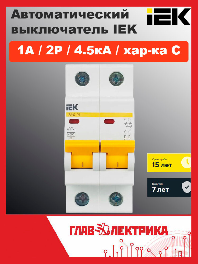Автоматический выключатель 1А 2P хар-ка C 4,5кА ВА47-29 IEK / Автомат IEK (ИЕК) 2P (двухполюсный) 1А хар-ка C, MVA20-2-001-C