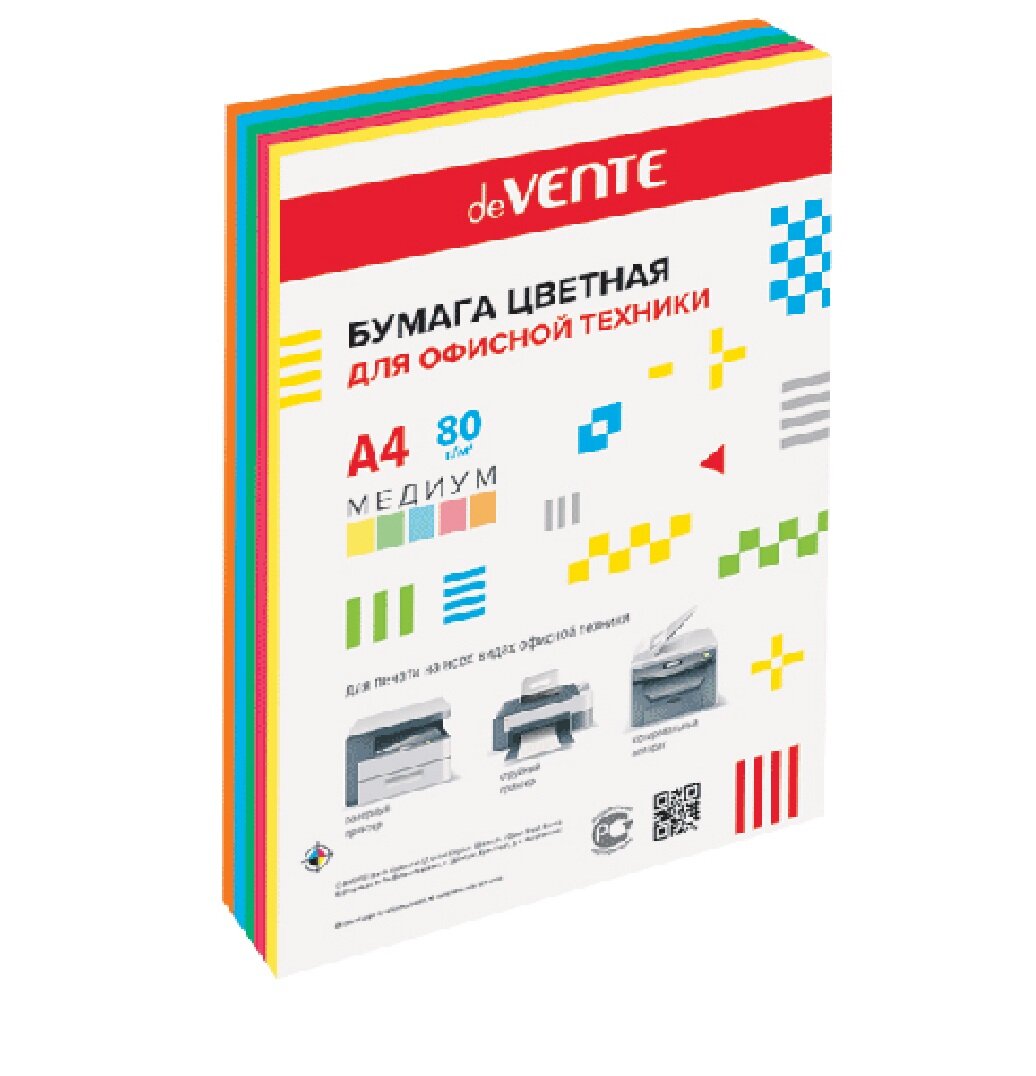 Бумага deVente "Медиум", А4, 80г/м2, 500л, цвет ассорти (желтый, зеленый, голубой, красный, оранжевый)