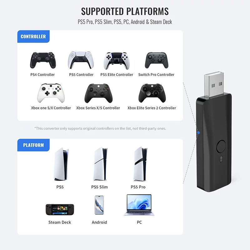 JYS 5-е поколение Bluetooth адаптер для PS5, черный, подключает контроллеры Xbox/PS4 к PS5/PC/Steam