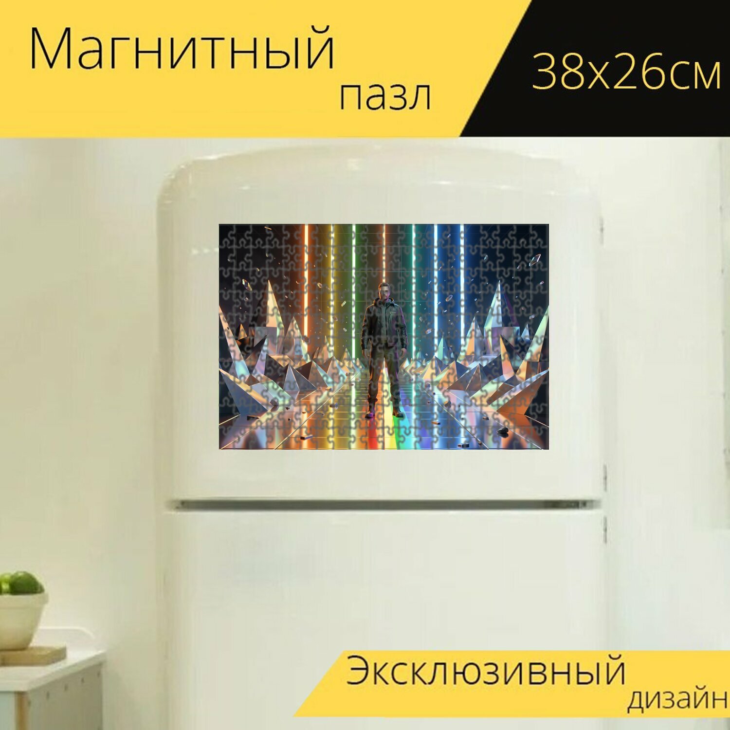 Магнитный пазл "Неоновый мужчина в футуристическом пространстве. Одинокий человек в кожаной куртке стоит в абстрактном киберпанк-интерьере с зеркальным." для интерьера, 38х26 см.
