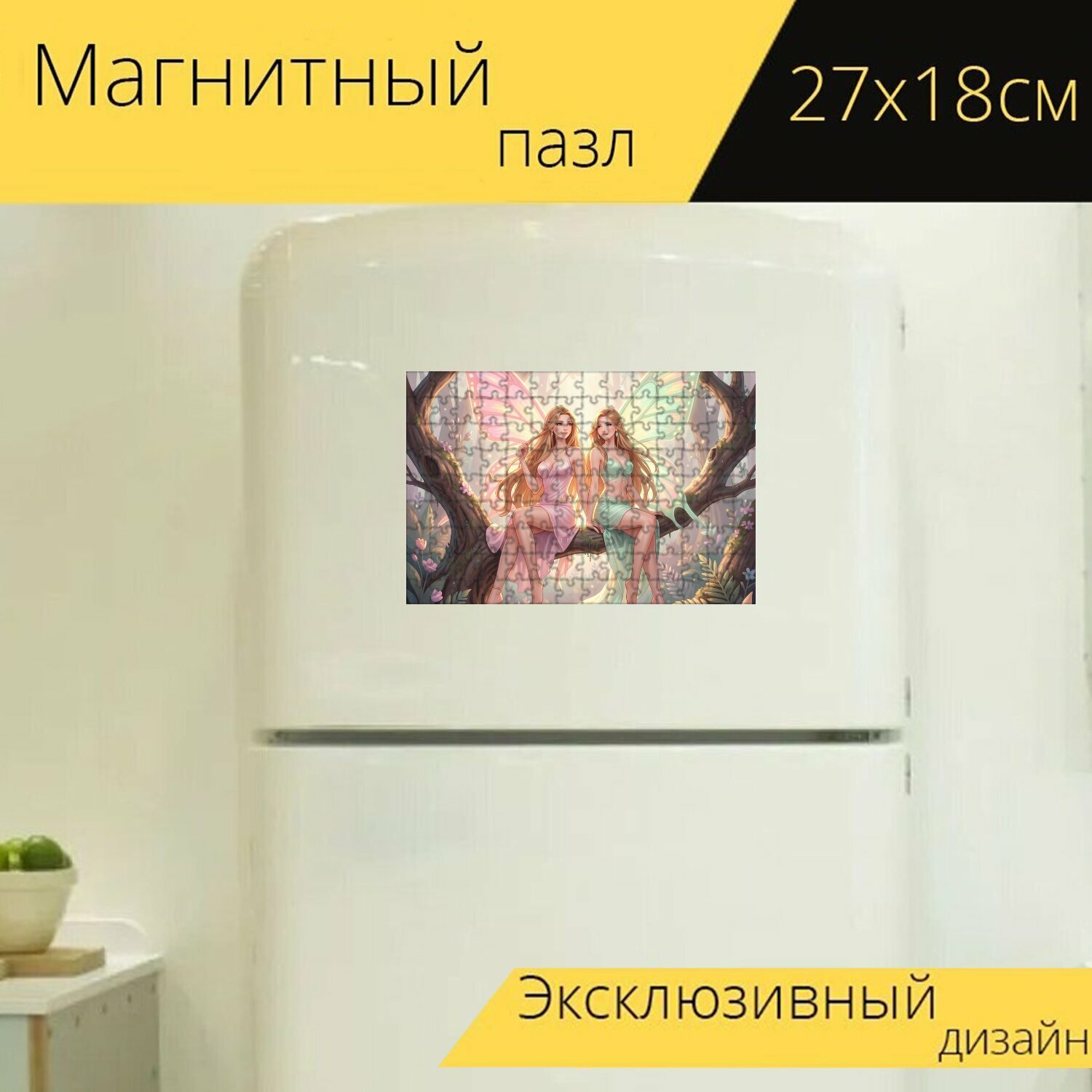 Магнитный пазл "Две феи в волшебном лесу. Сказочные эльфийки с большими сияющими крыльями сидят на ветвях среди цветов и листвы. Нежная фэнтези." на холодильник 27 x 18 см.