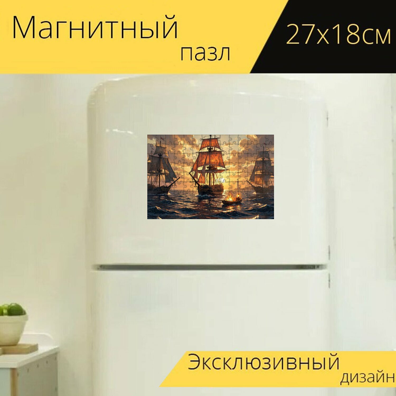 Магнитный пазл "Парусные корабли на закате. Морская сцена с тремя старинными суднами, маяком и лодкой с огнем среди волн. Цифровая живопись в." на холодильник 27 x 18 см.