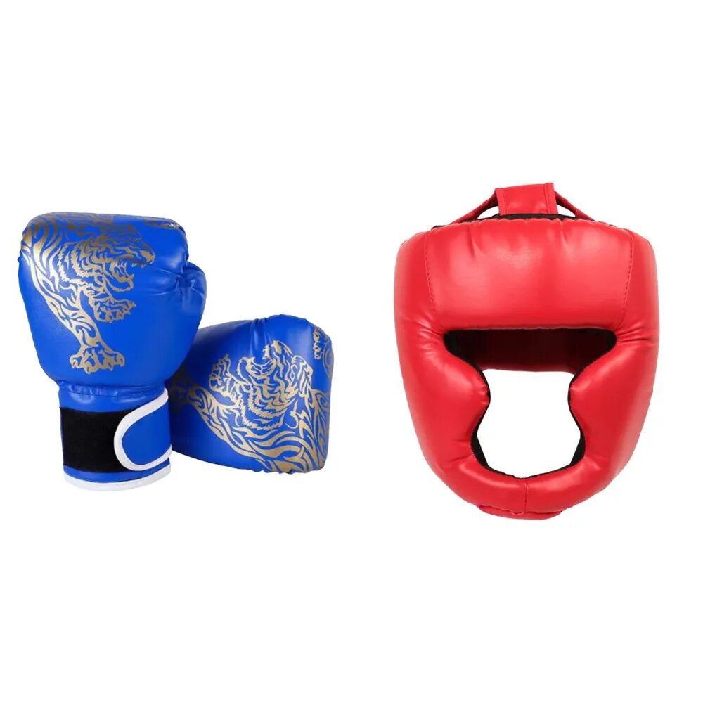 Перчатки боксерские RDX, шлем боксерский, синие/красные, M/L, для бокса, кикбоксинга, тренировочные
