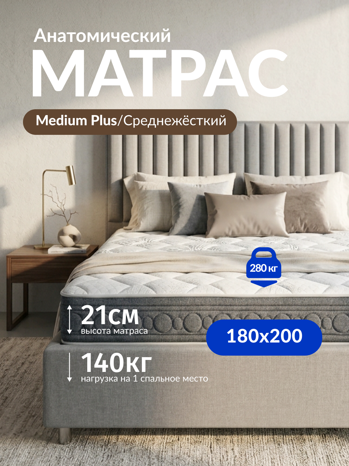 Матрас Strong Original Medium Plus 180x200 см, независимый пружинный блок, двуспальный, жесткий, анатомический