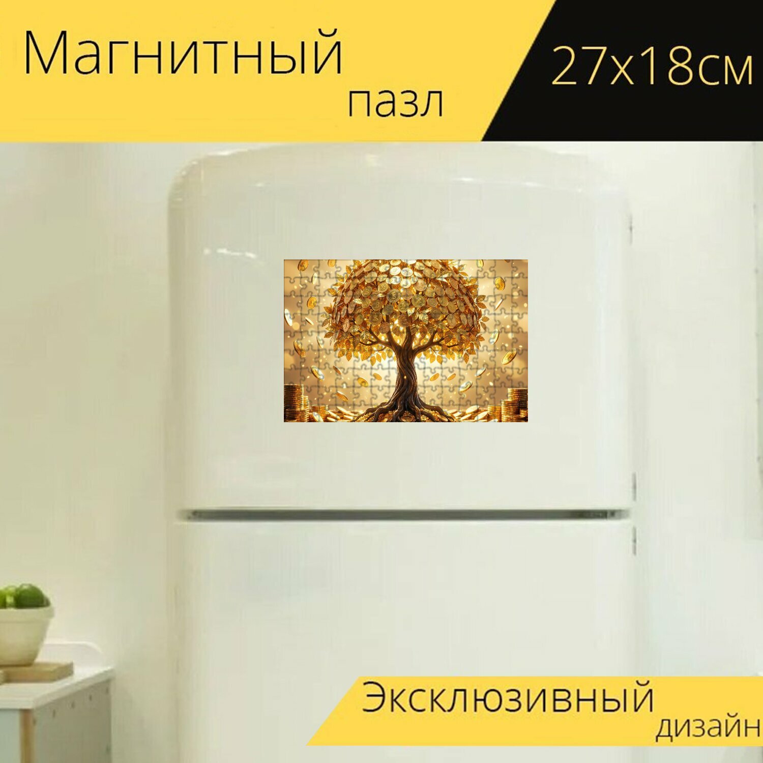 Магнитный пазл "Денежное дерево из золотых монет. Сияющее древо богатства с листвой и кроной из блестящих кругляшей, россыпью металла у корней и парящими." на холодильник 27 x 18 см.