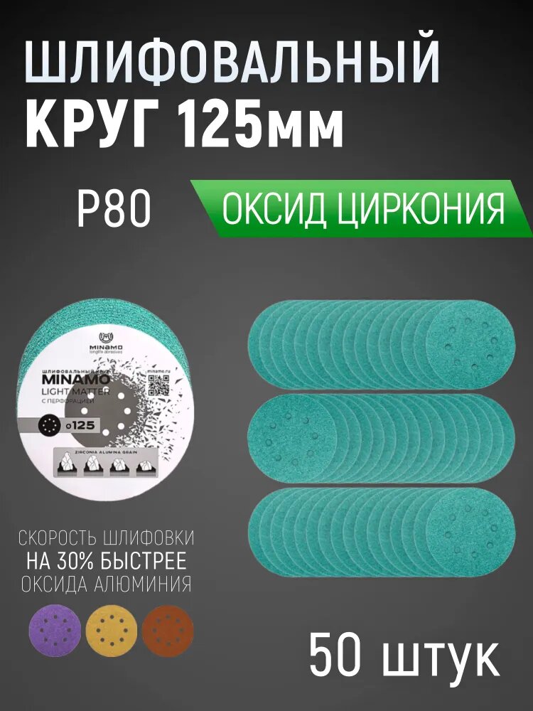 Круг шлифовальный 125мм, Шлифовальный круг MINAMO LIGHT MATTER P80, оксид циркония, 50 шт