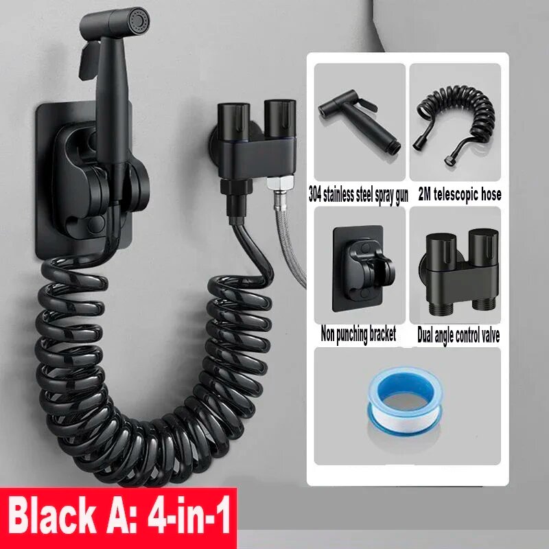 Детachable toilet bidet faucet sprayer из нержавеющей стали Набор bidet sprayer для ванной комнаты Рукавая форсунка Душевой насадка Самоочистка Без перфорации — Черный A Package