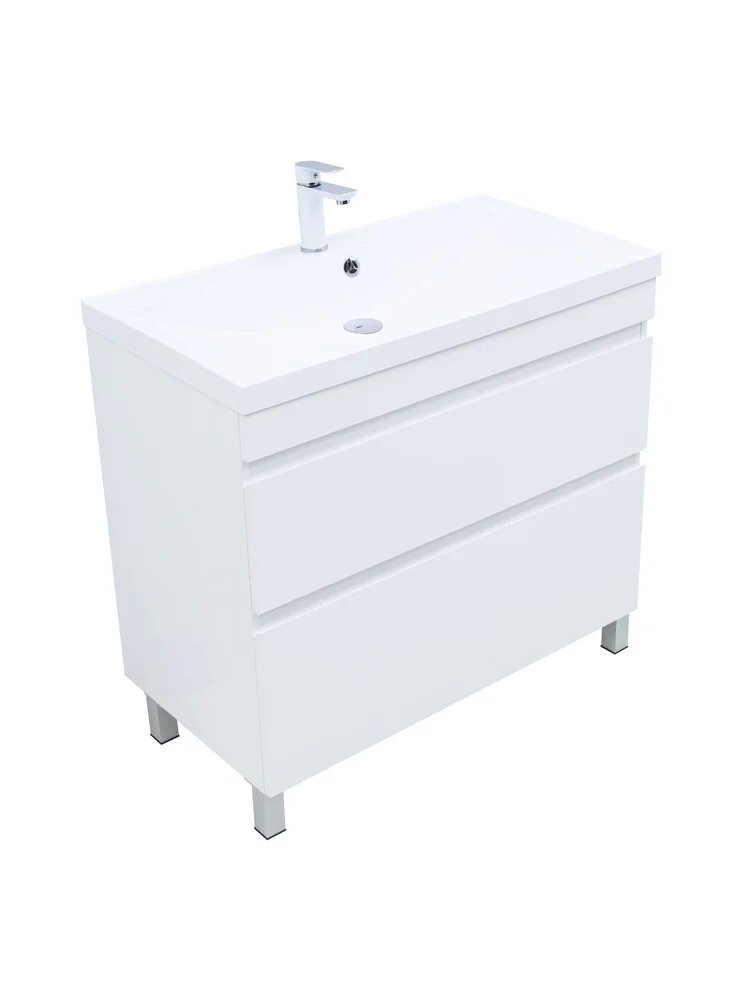 Тумба с раковиной Aquanet Нота New 90 напольная, 90 см, белая, глянцевая, с ящиками, раковина для ванной, из искусственного мрамора, прямоугольная