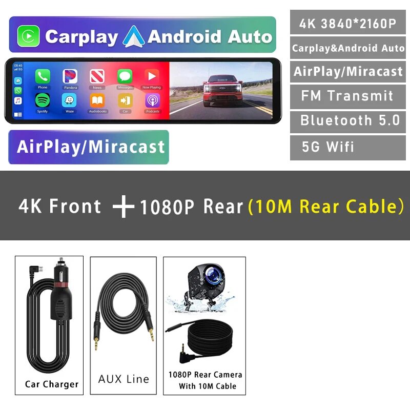 11,26 "4K 2160P Автомобильный видеорегистратор Carplay Android Auto Dash Cam GPS WIFI 4K Front-10M