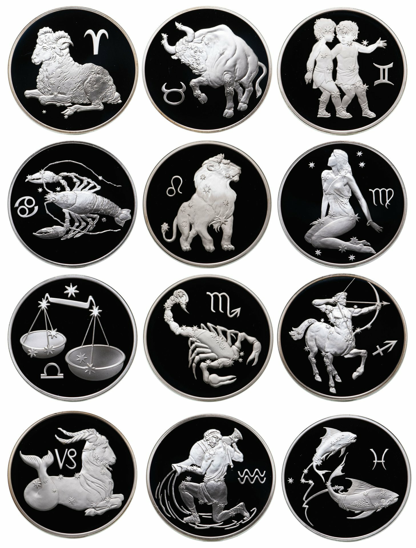 3 Рубля 2003-2004 Год Proof Полный набор 12 монет "Знаки Зодиака", Серебро 900