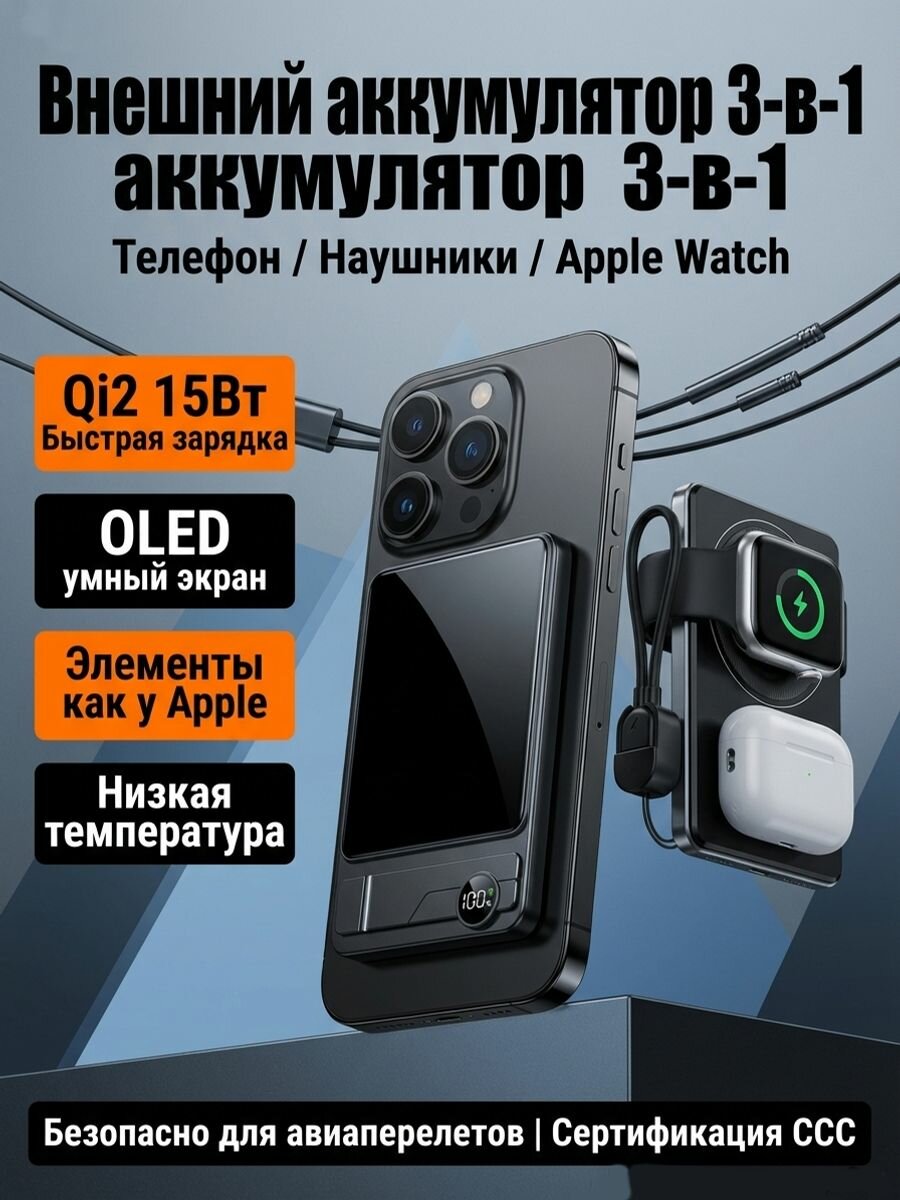 YMeiB Внешний аккумулятор Повербанк, магнитный повербанк, внешний аккумулятор, магнитный, MagSafe, беспроводной, быстрая зарядка, 10000 мАч, темно-серый