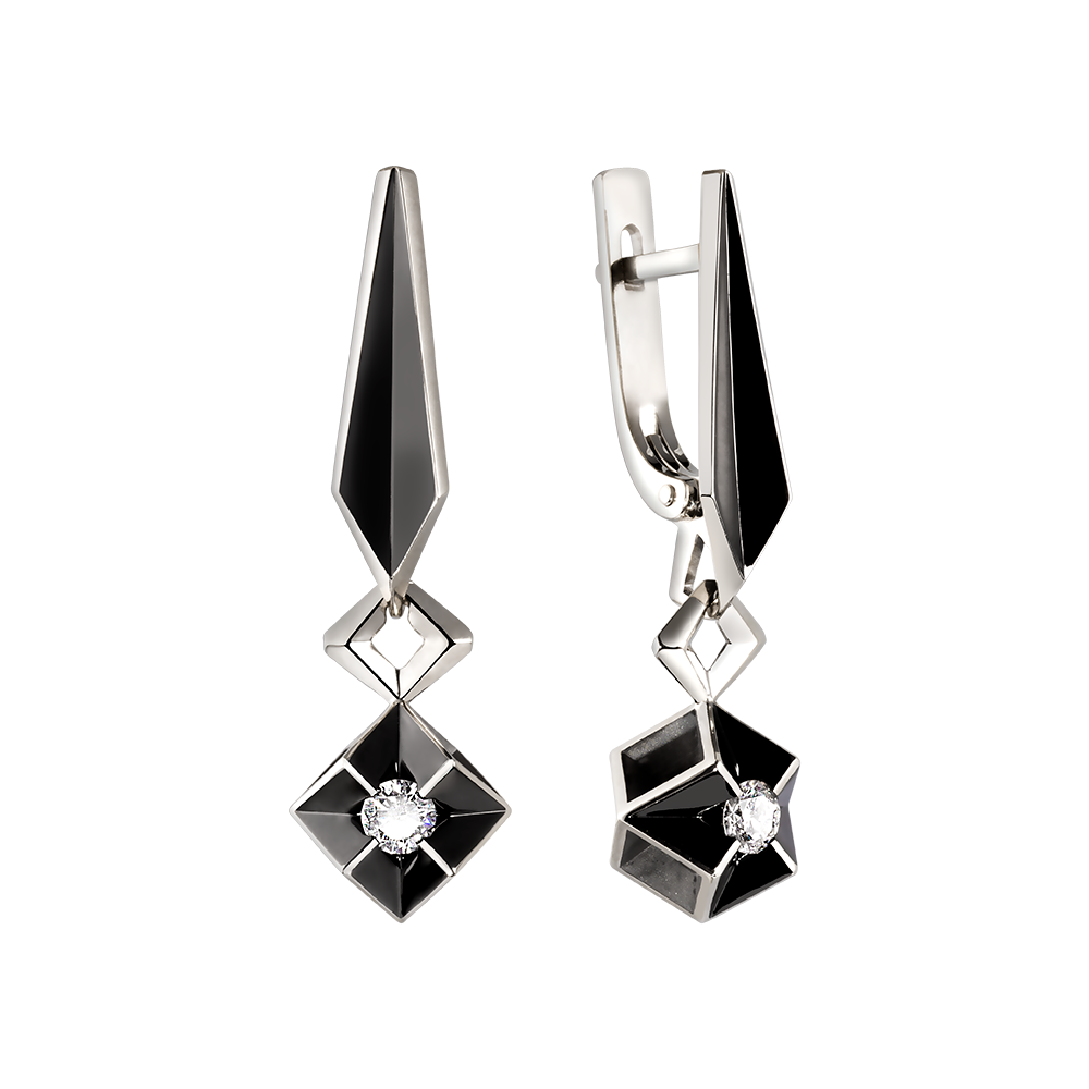 Серьги двусторонние, белое золото, 585 проба, бриллиант