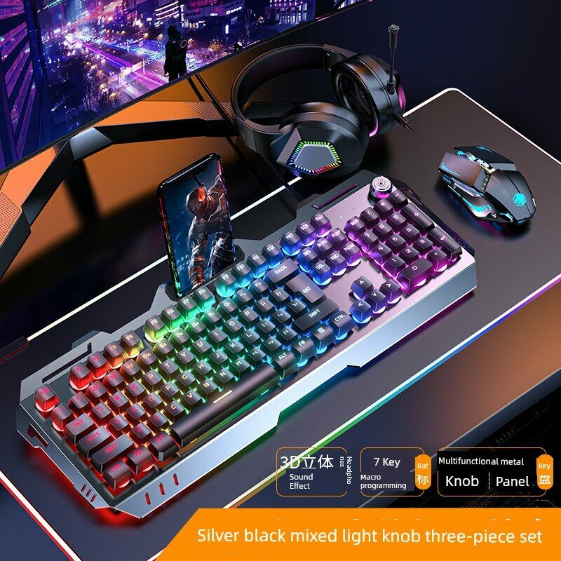 Игровой набор клавиатура-мышь-наушники с радужной подсветкой для ASUS TUF/ROG - Серый металл