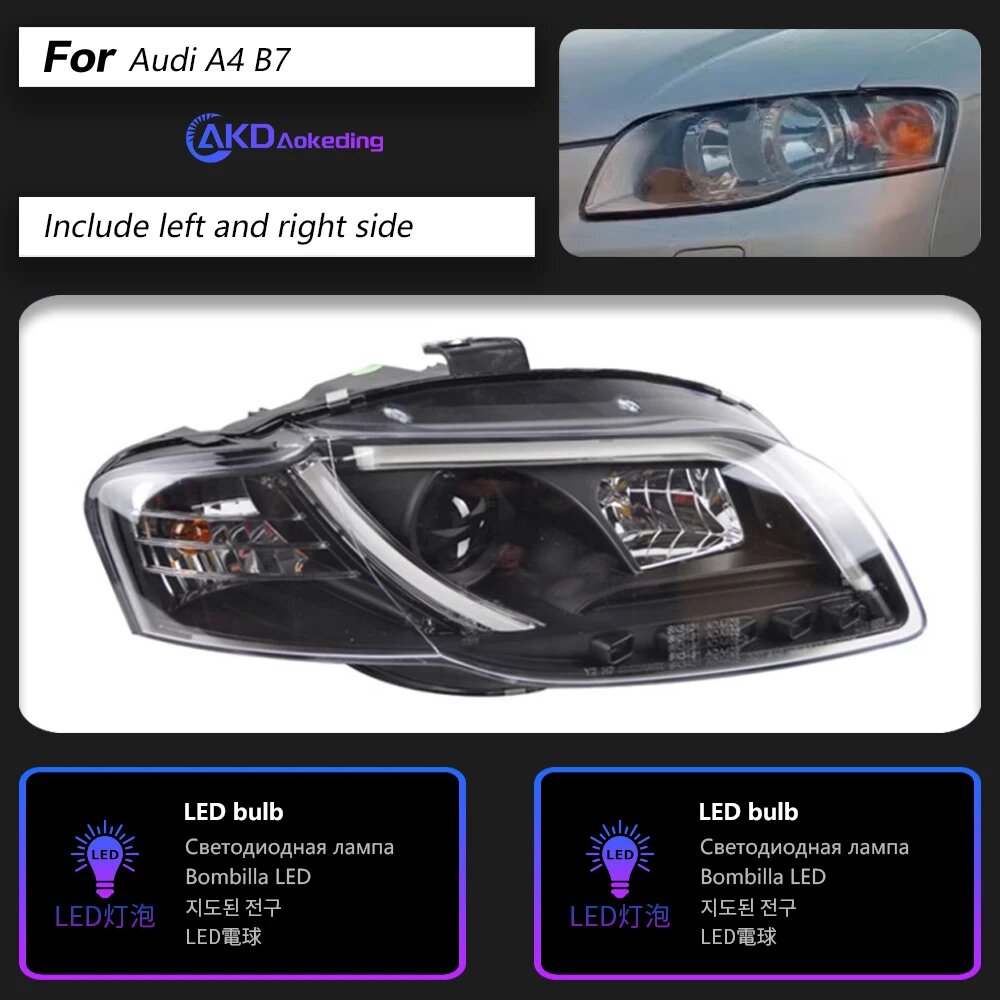 Фара для Audi A4 B7 LED AKDHeadlight 2005-2008 Фары A4 B7 Дневной ходовой огонь Сигнал поворота Дальний свет Ангельские глаза Проекционный линза
