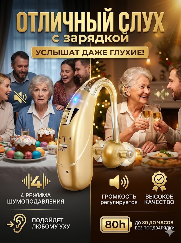 Накладной слуховой прибор с зарядным устройством для пожилых и взрослых