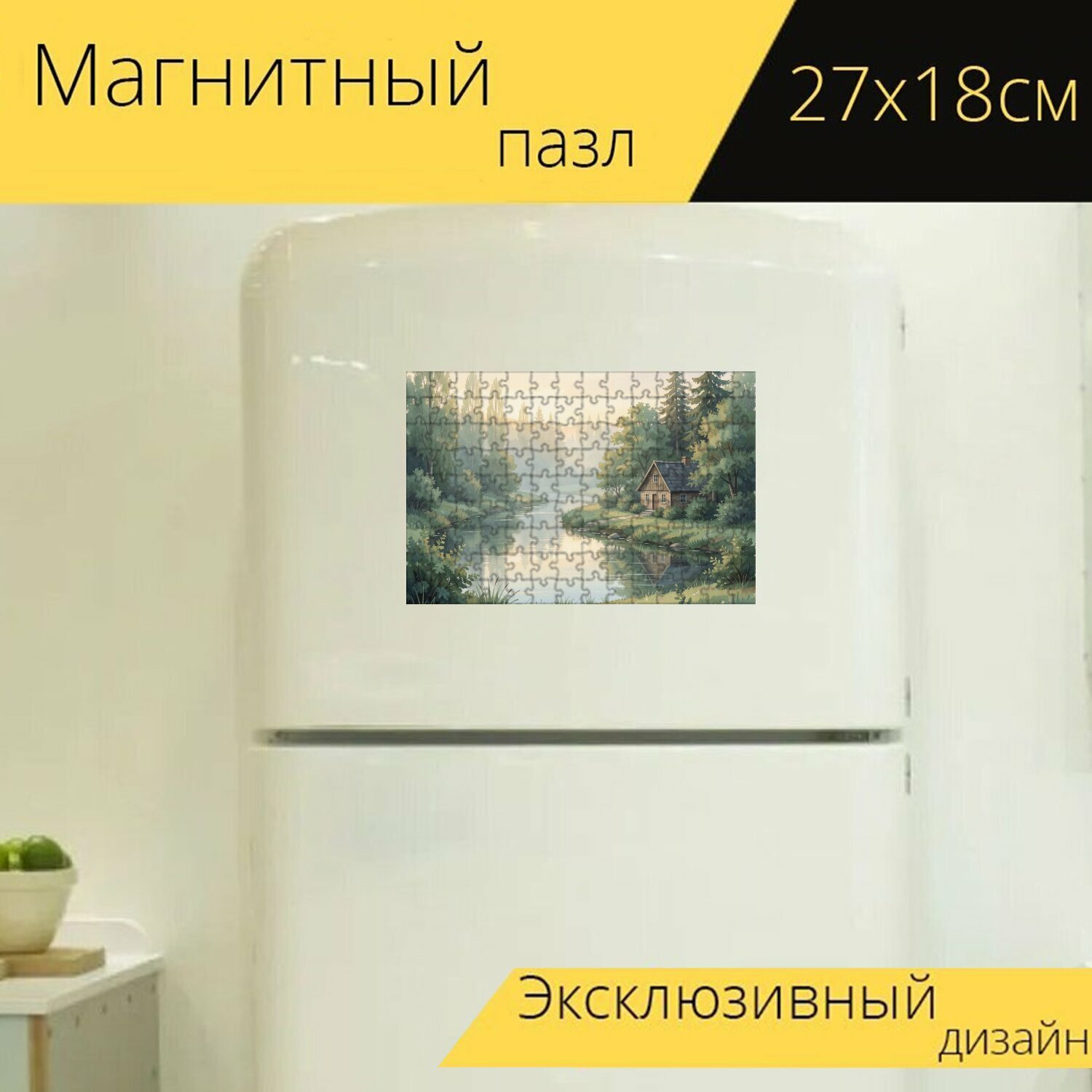 Магнитный пазл "Тихий лесной берег с домиком. Акварельный природный пейзаж: извилистая речка, густые деревья, уютный деревянный дом у воды, мягкий туман." на холодильник 27 x 18 см.