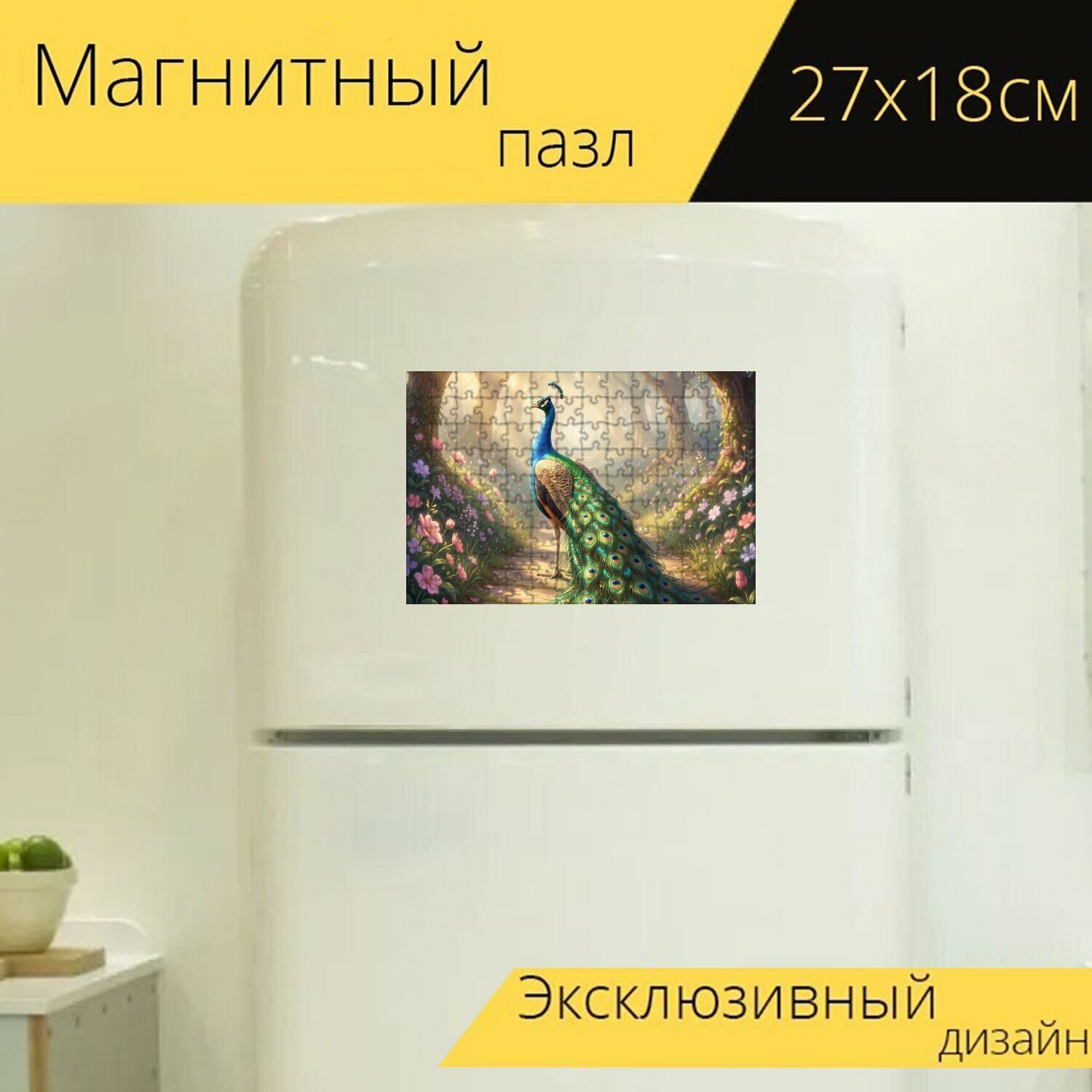 Магнитный пазл "Павлин в цветочном лесу. Элегантная птица с длинным переливчатым хвостом стоит на лесной тропе среди нежных полевых цветов, мягкий." на холодильник 27 x 18 см.