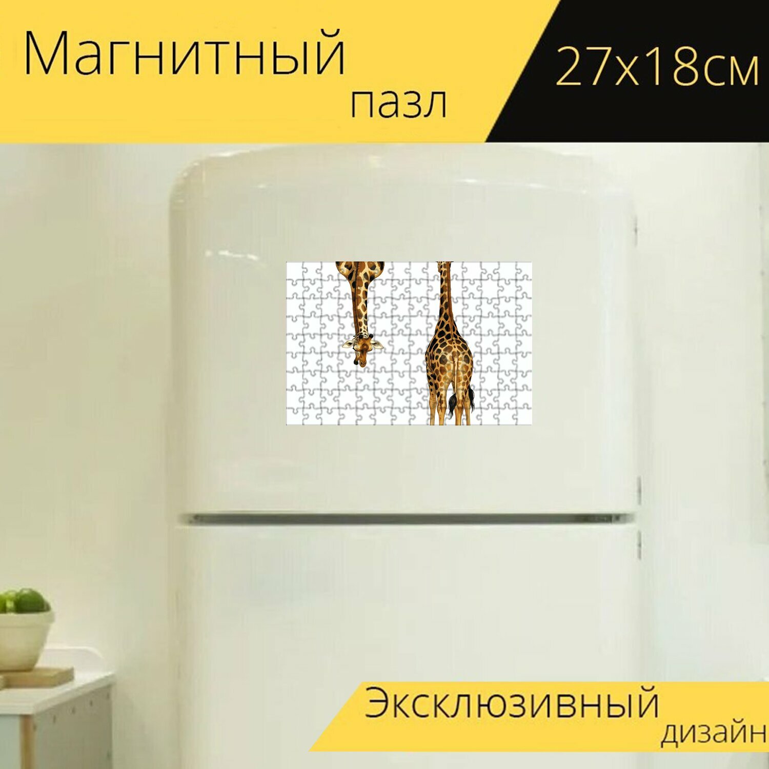 Магнитный пазл "Жирафы на белом фоне. Два пятнистых африканских жирафа в художественной иллюстрации: один виден спереди, другой со спины. Теплые." на холодильник 27 x 18 см.