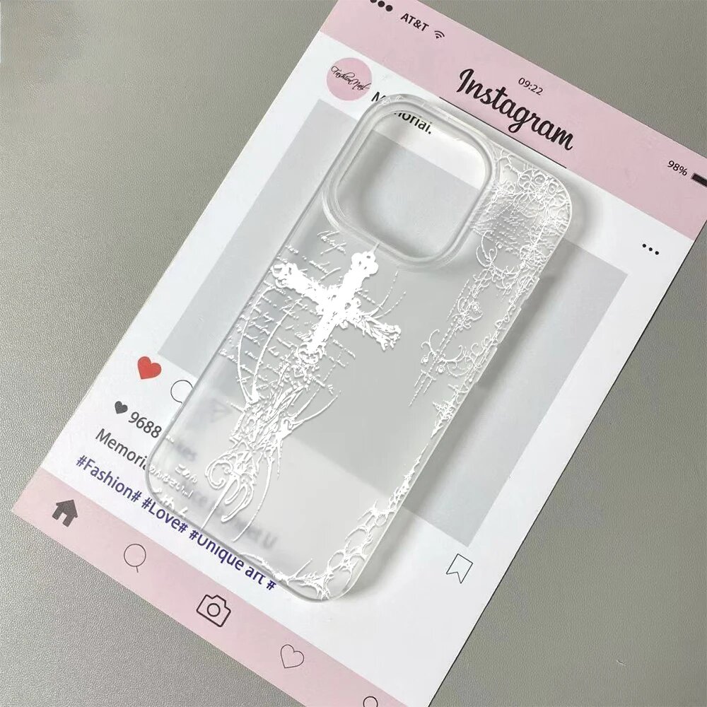 Готический чехол для телефона с белым кружевным крестом для iPhone 17, 16, Style 1, For iPhone 14