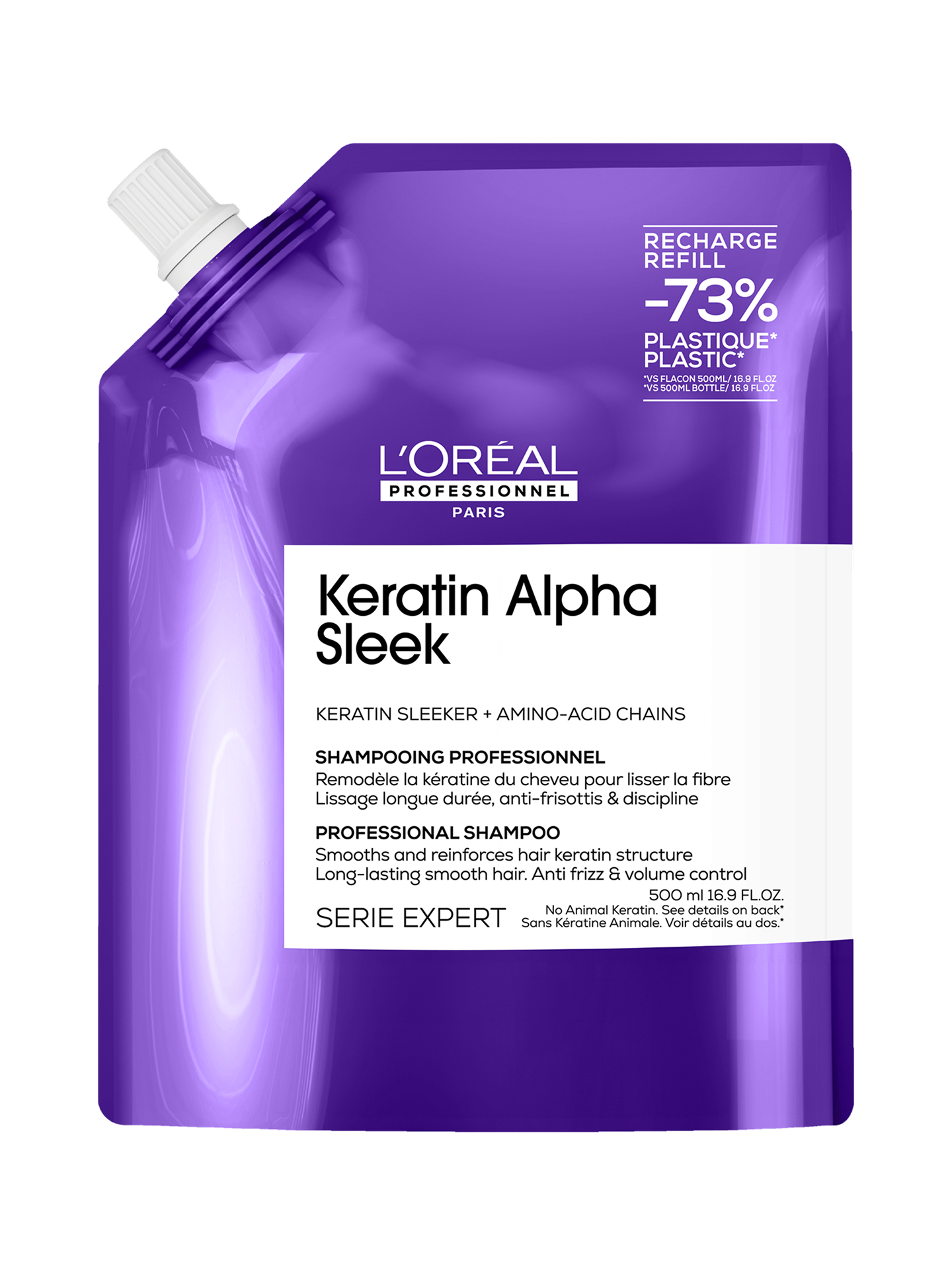 Бессульфатный шампунь L'oreal Professionnel Keratin Alpha Sleek для непослушных, пористых волос, рефил 500 мл