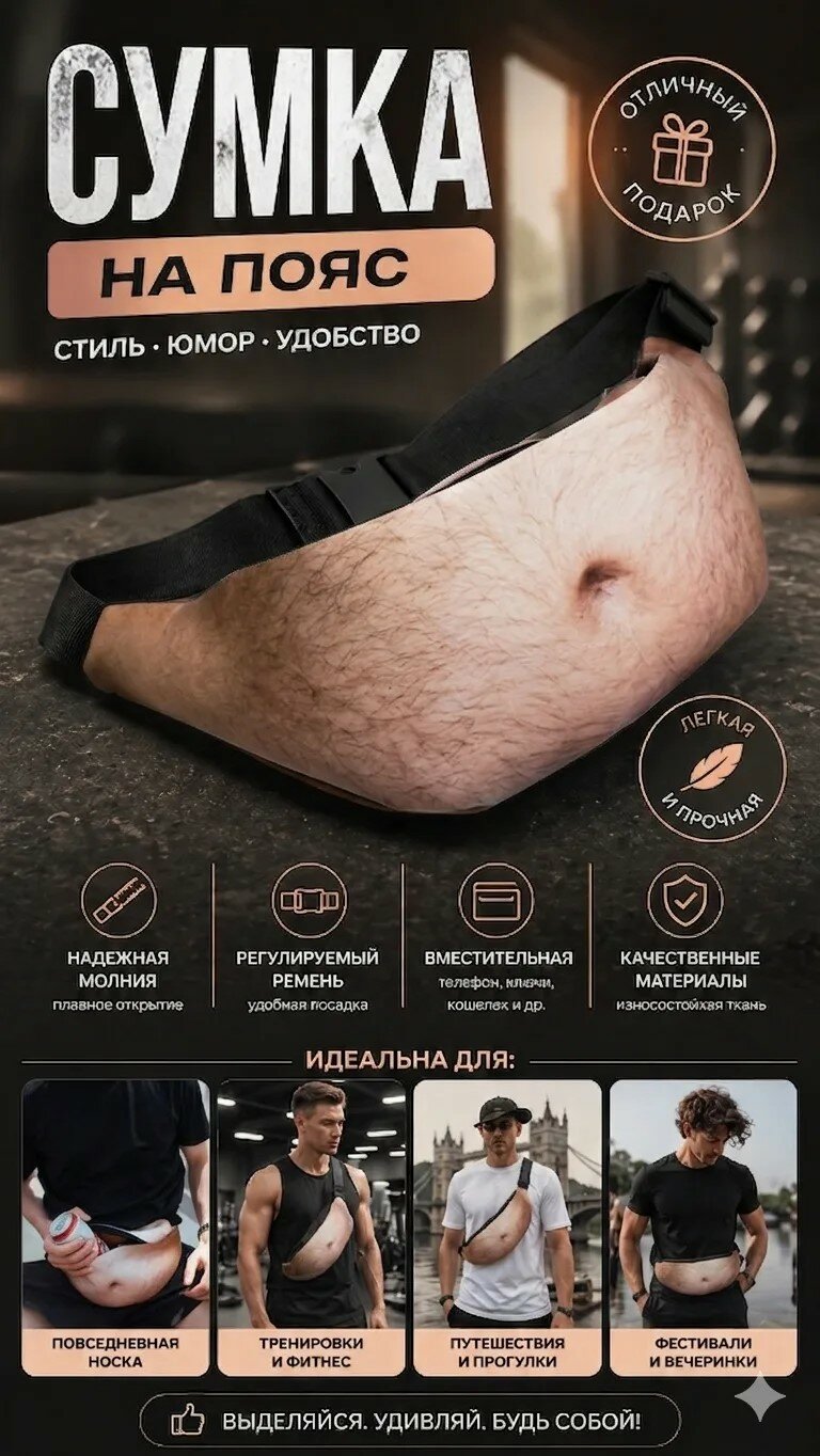 Сумка поясная прикол живот пресс бананка