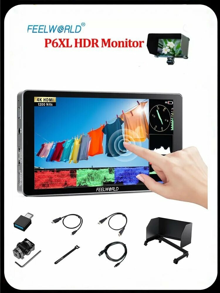FEELWORLD P6XL 6-дюймовый сенсорный экран на камере Монитор 4K HDMI 1200nit Встроенная батарея Алюминиевый корпус