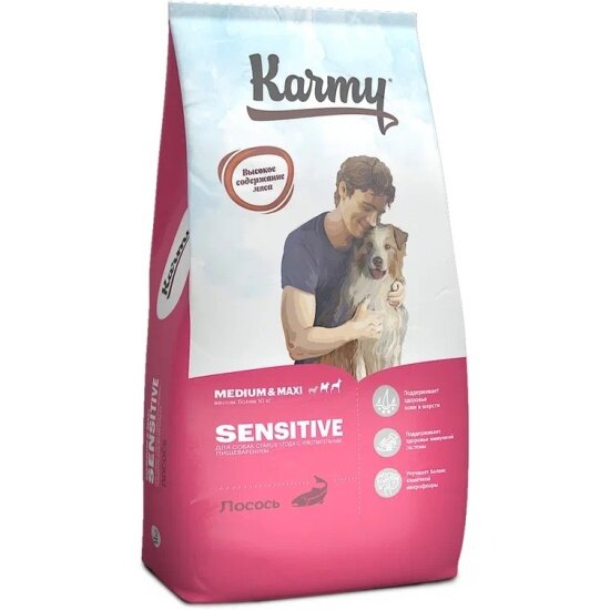 Корм сухой Karmy Sensitive Medium & Maxi Лосось для собак средних и крупных пород с чувствительным пищеварением, 14 кг.