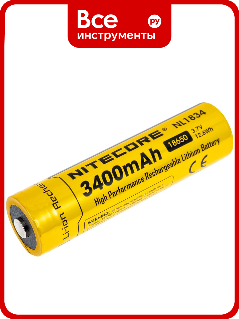 Аккумулятор Nitecore NL1834 18650 Li‑Ion 3.7 V с защитным контроллером, ток разряда 2 A, до 500 циклов перезарядки