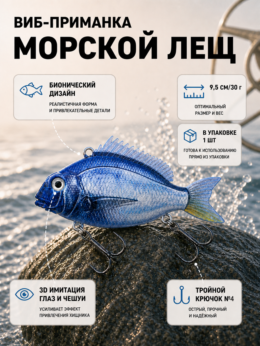 Рыболовная 3D вибрационная виб-приманка (VIB), имитация морского леща, тонущая для дальнего заброса, с тройным крючком 9,5 см/30 г, синяя