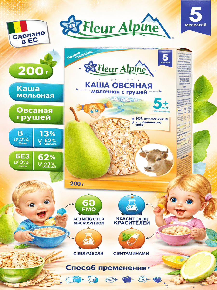 Каша молочная детская Fleur Alpine Овсяная Груша с 5 месяцев, 200г