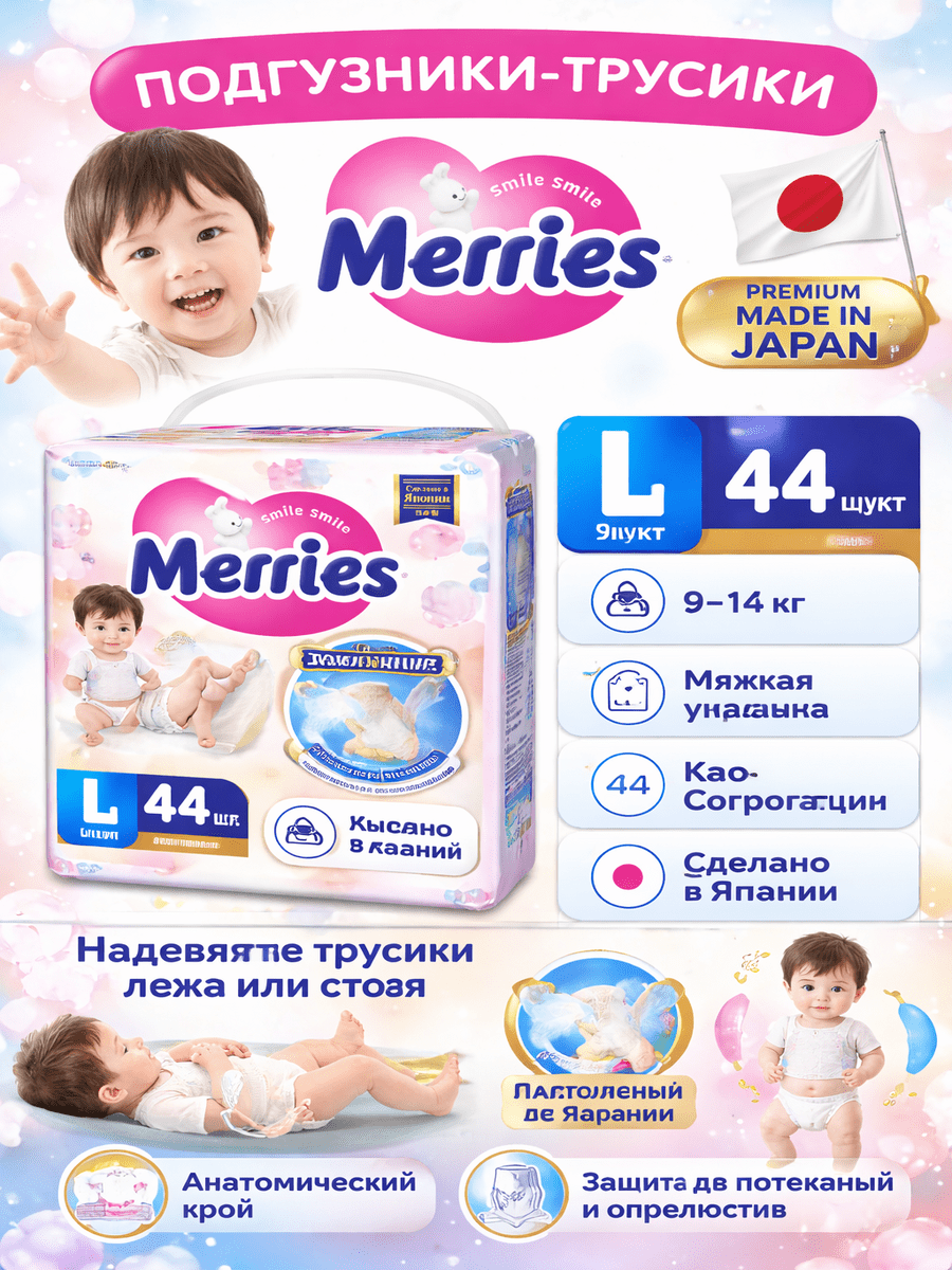 Подгузники-трусики Merries L 4 размер 9-14кг, 44шт