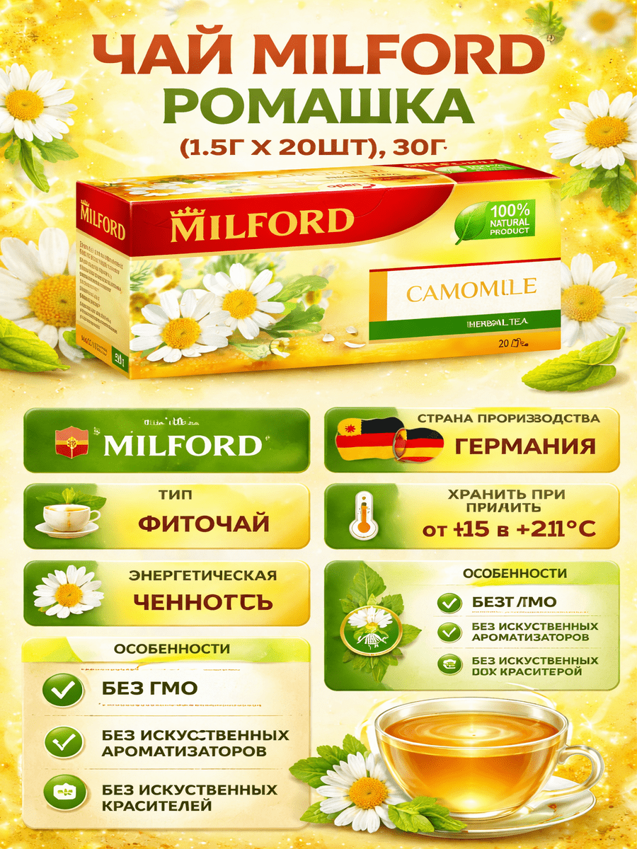 Чай Milford ромашка (1.5г х 20шт), 30г
