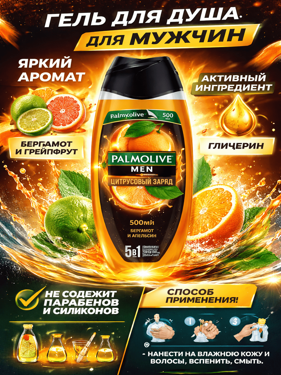 Гель для душа Palmolive Men цитрусовый заряд, 500мл