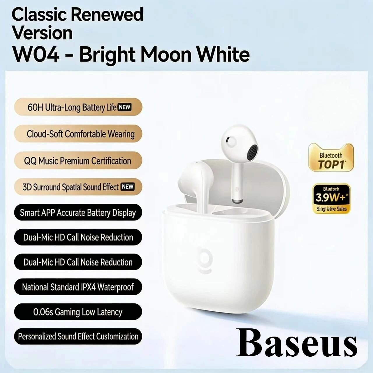 BASEUS W04 Беспроводные полу-наушники-вкладыши Bluetooth с шумоподавлением
