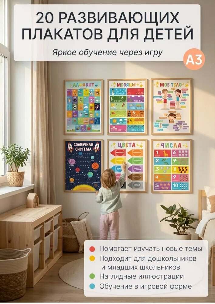 Развивающие плакаты для детей A3 - набор обучающих плакатов, алфавит, цифры, эмоции, подготовка к школе
