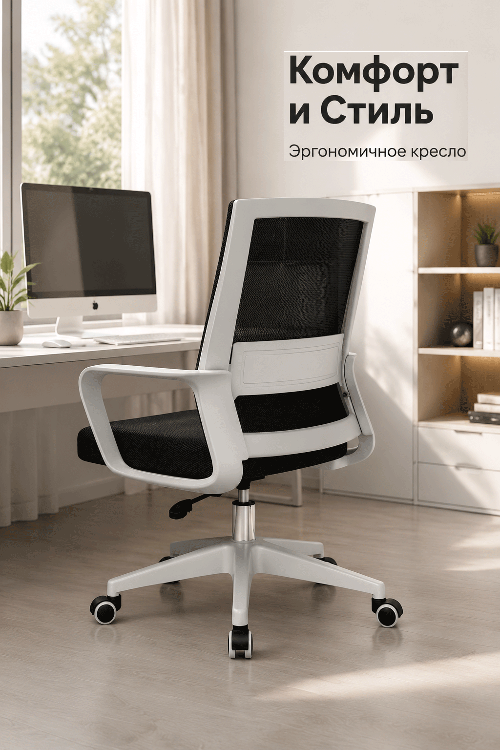 Компьютерное кресло на колёсиках белое, чёрная сетка, поролон, для дома