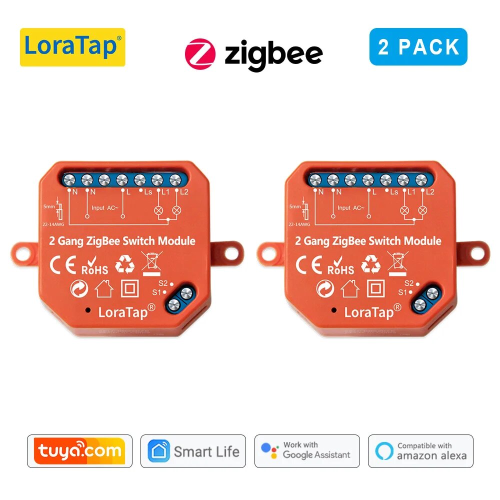 LoraTap ZigBee 2 Gang Переключатель, 2 PACK