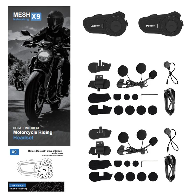 Velconn X9 Mesh Интерком Мотоциклетный шлем Bluetooth-гарнитура для 6 гонщиков 1500 м X9-2pcs