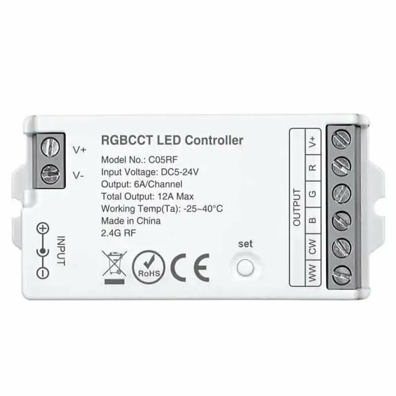 C05RF 2.4G RF RGB + CCT светодиодный контроллер работает с низконапряженными светодиодными полосами RGB + CCT DC12-24V
