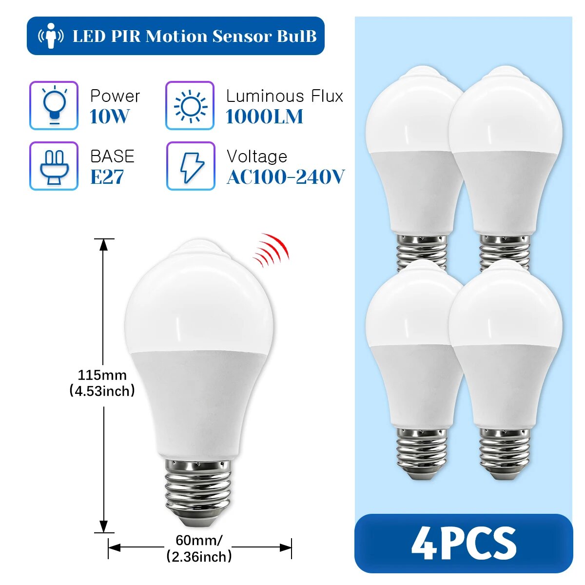 Gatetop A60 10W LED-лампа с датчиком движения 4PCS, Warm white 3000K