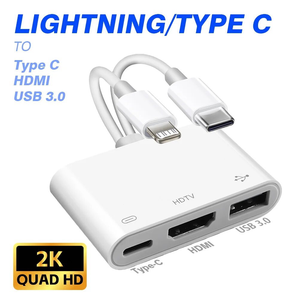 Адаптер Lightning/Type-C на HDMI для подключения iPhone к телевизору, цифровой AV-кабель HDMI 2K для iPhone 17, 16, 15, 14, iPad