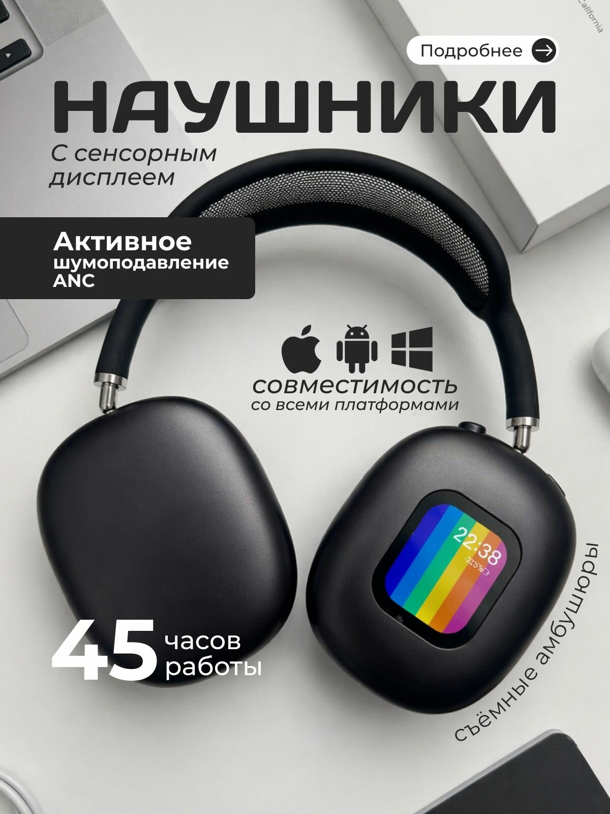 Наушники беспроводные большие с активным шумоподавлением ANC, накладные, полноразмерные, Bluetooth 5.4.