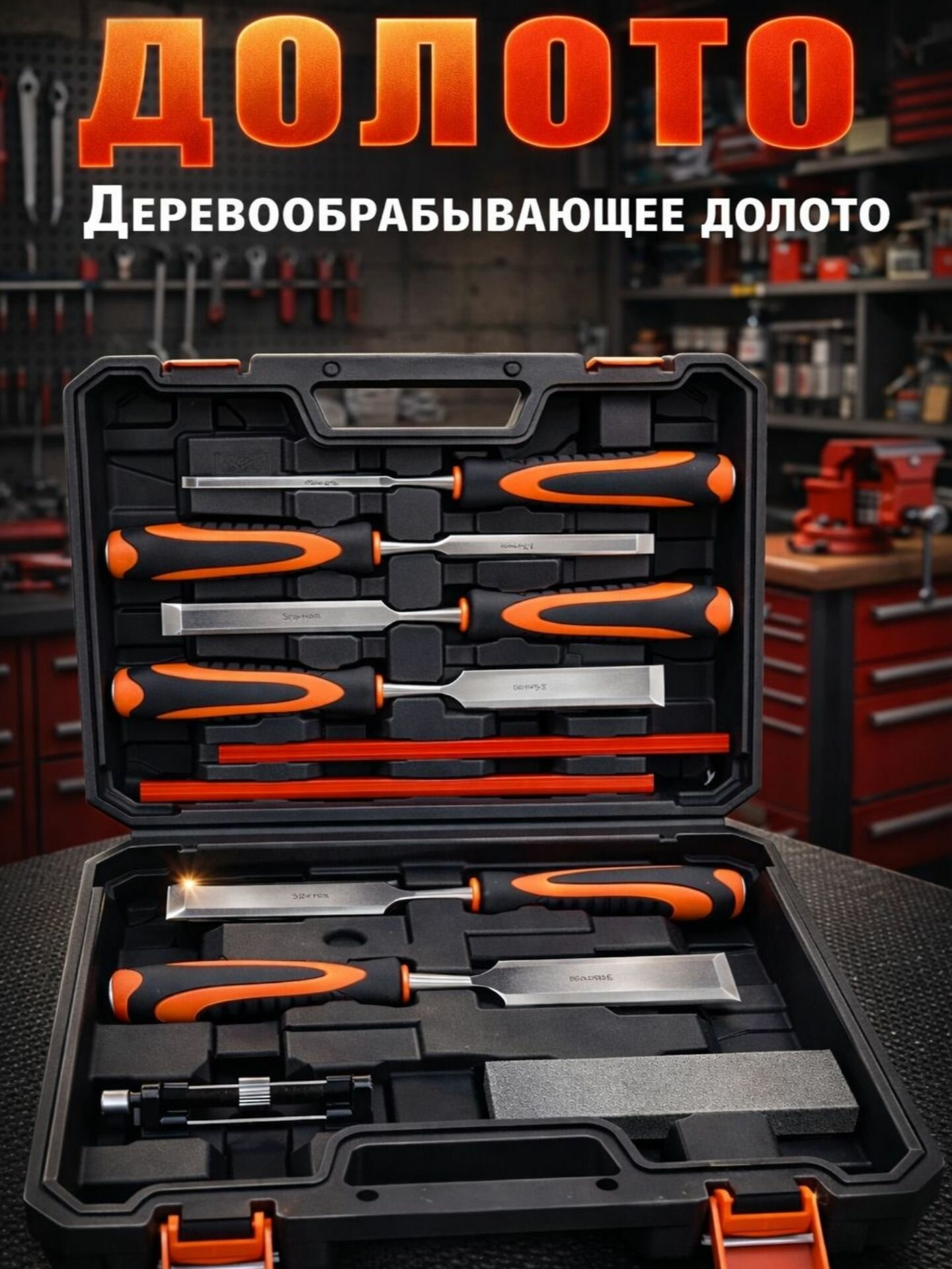 Набор долото по дереву премиум-класса, 10 шт, долото по дереву 6 шт. с 1 хонинговальной направляющей, 1 точильный камень и 2 столярных карандаша, лезвия из термообработанного сплава Cr-V