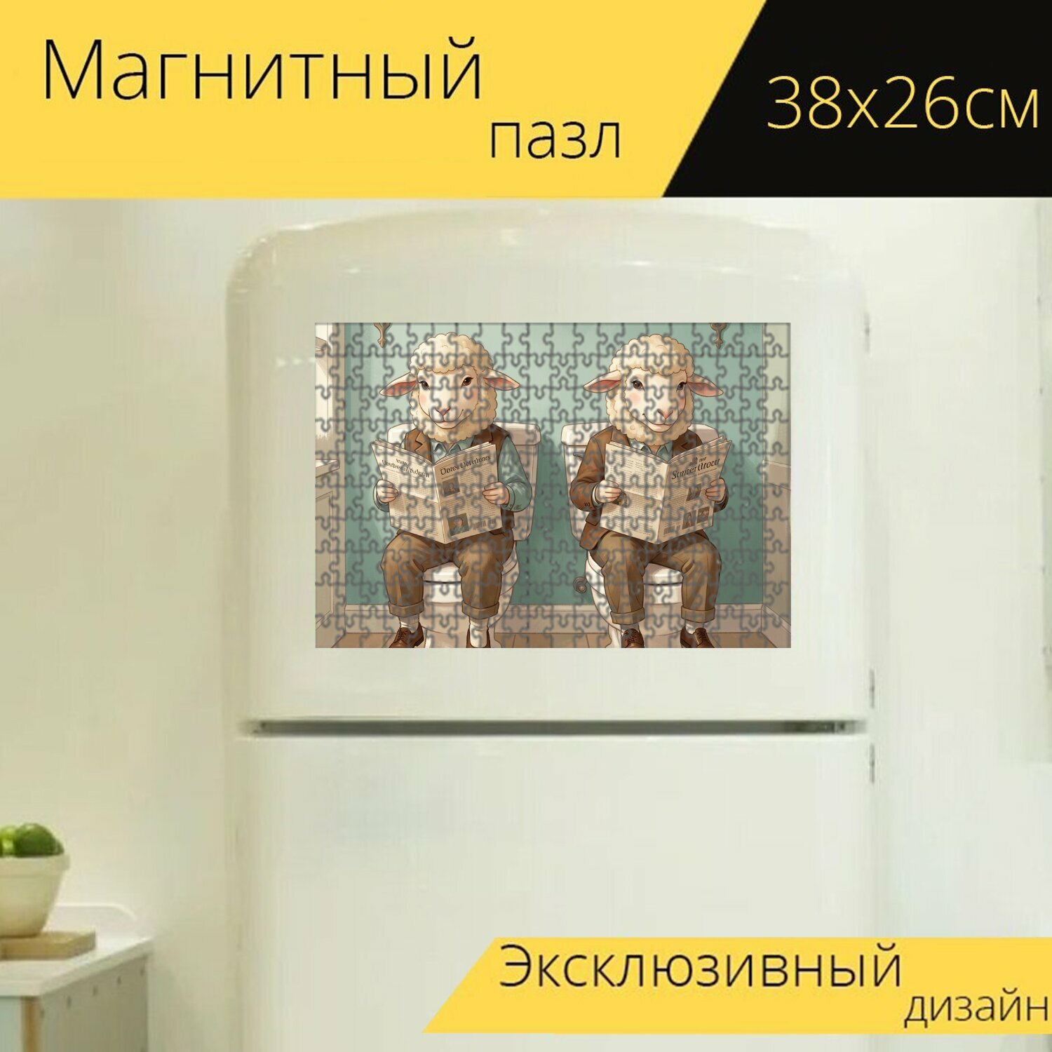 Магнитный пазл "Овцы с газетами в уборной. Два забавных барашка в деловых костюмах сидят на унитазах и читают печатные издания. Пастельные тона, мягкий." для интерьера, 38х26 см.