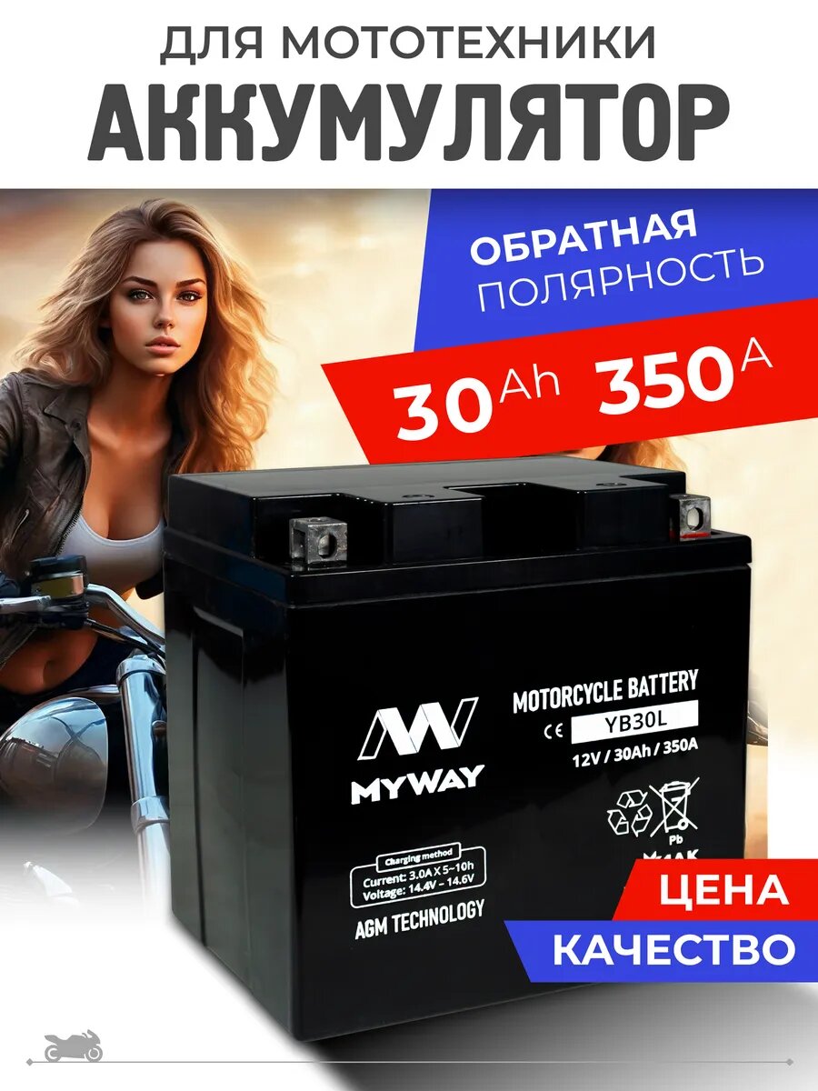 Акб на мотоцикл 12в 30ач AGM, трицикл, квадроцикл, питбайк