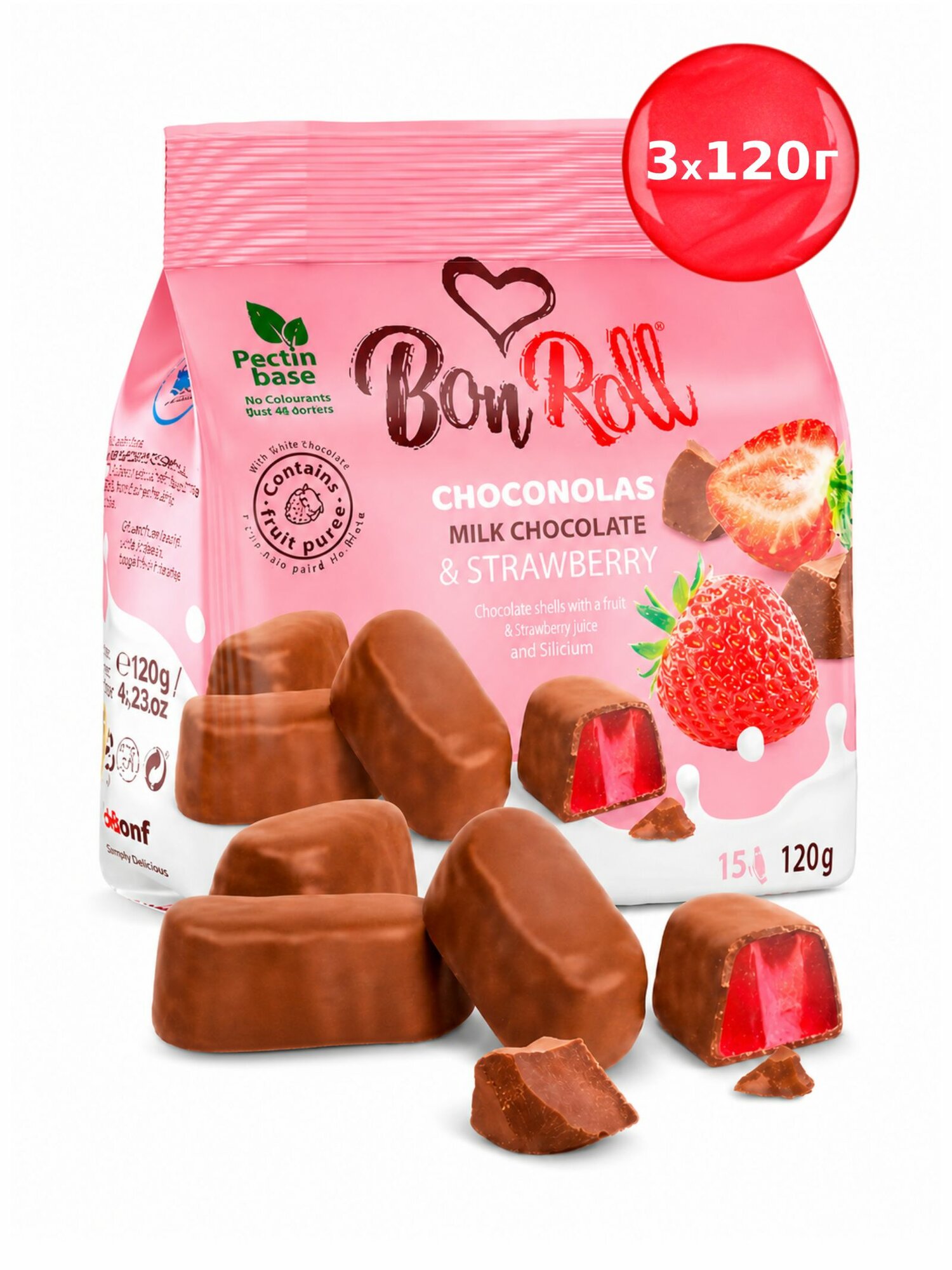 Конфеты Bon Roll желейные в молочном шоколаде со вкусом клубники, 120 г х 3 шт