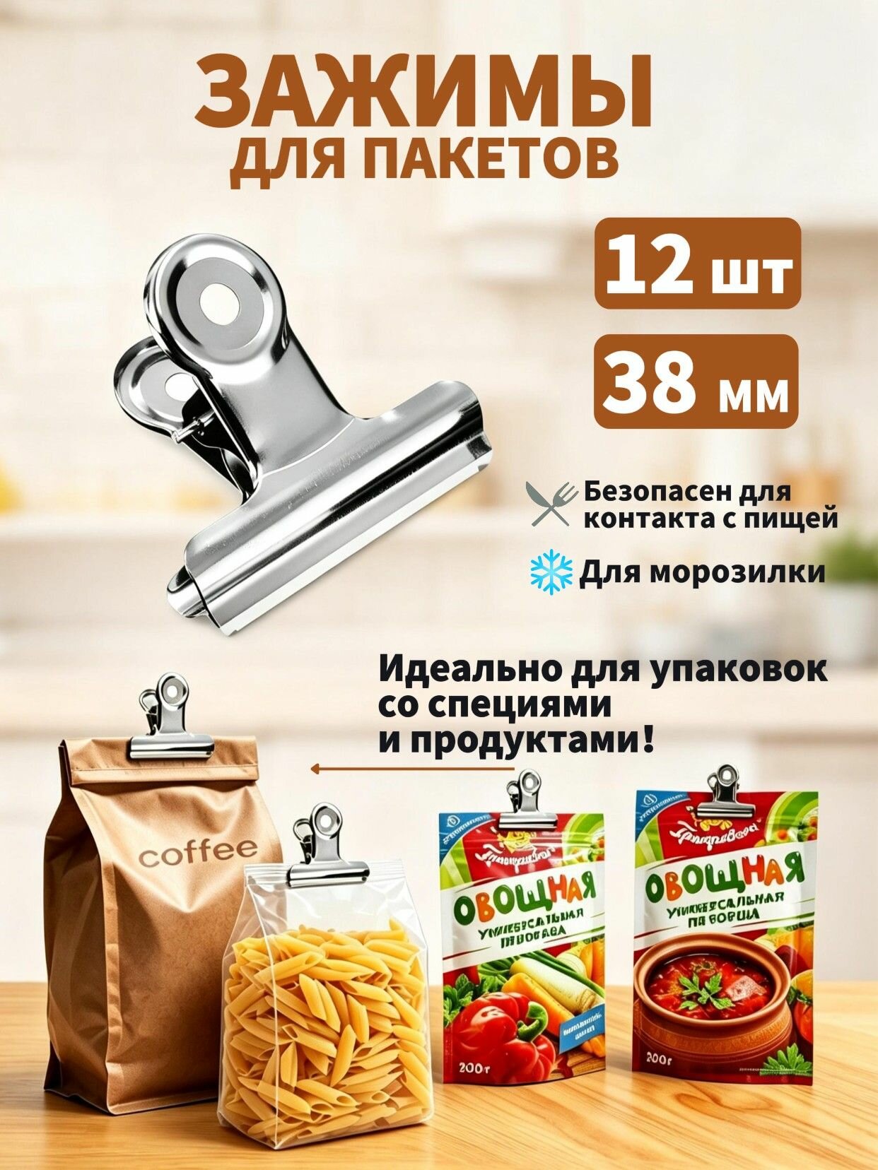Зажимы для пакетов кухонные, 38 мм, набор 12 шт. Герметично для специй и продуктов